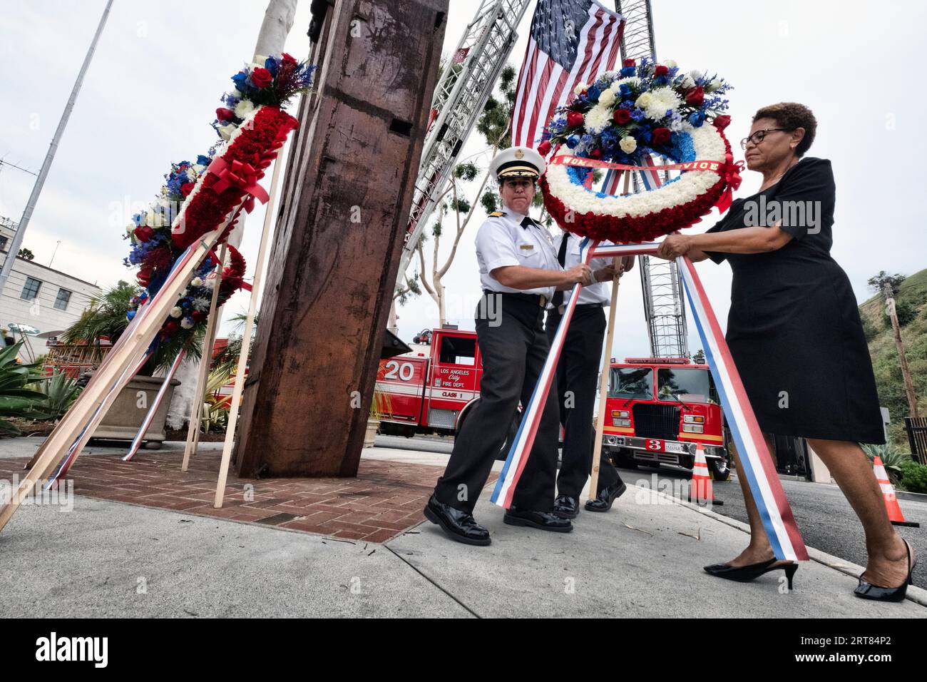 Los Angeles Mayor Karen Bass, right is joined by Los Angeles Fire Chief ...