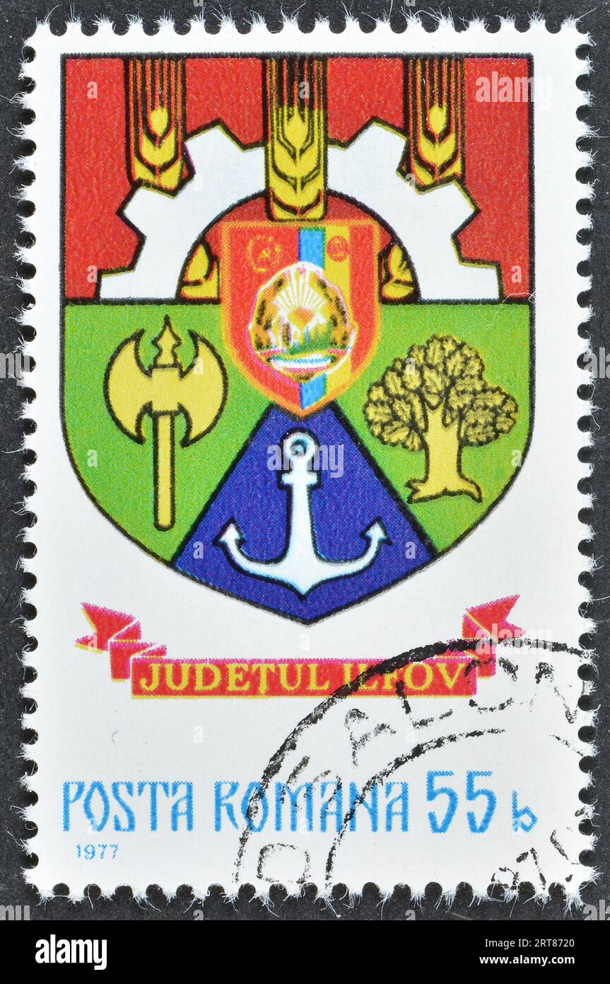 Cancelled postage stamp printed by Romania, that shows Coat of arms of ...