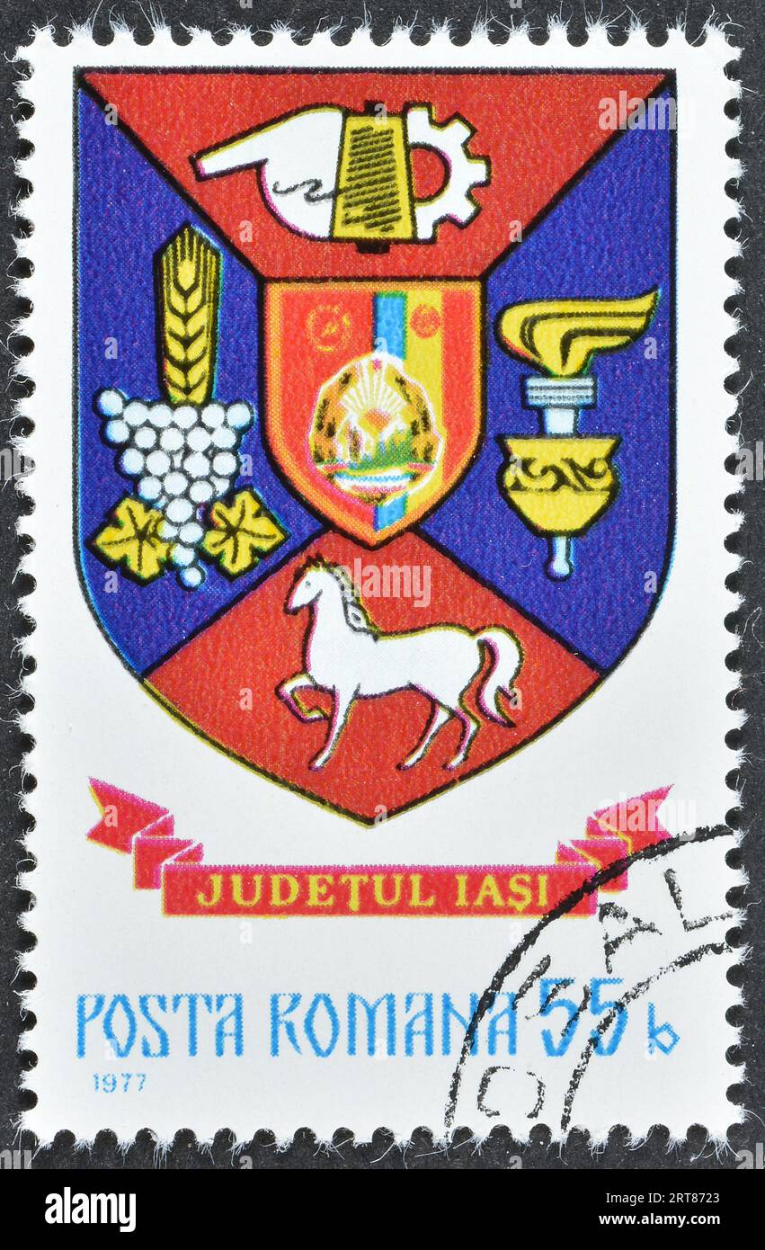 Cancelled postage stamp printed by Romania, that shows Coat of arms of ...