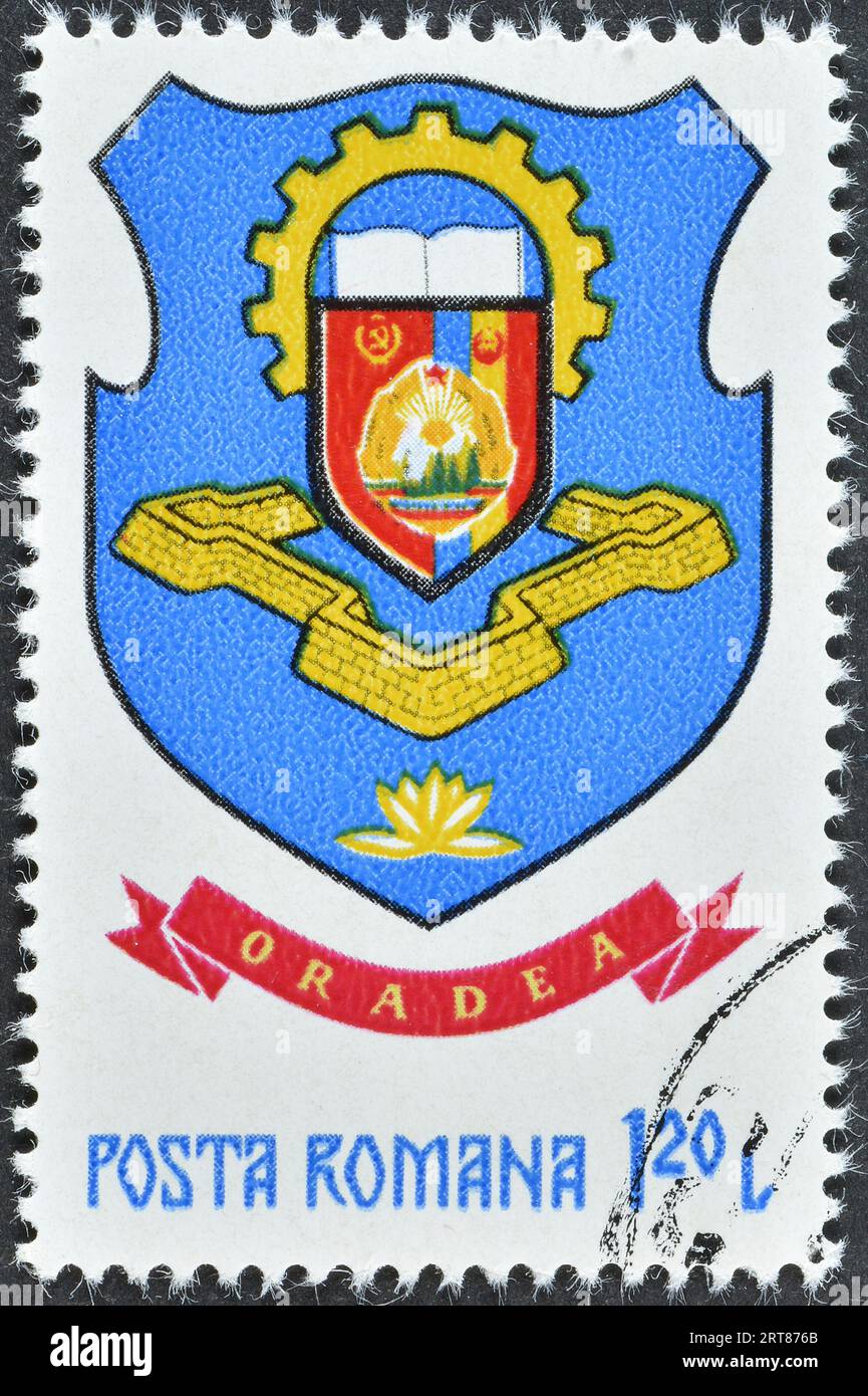 Cancelled postage stamp printed by Romania, that shows Coat of arms of ...