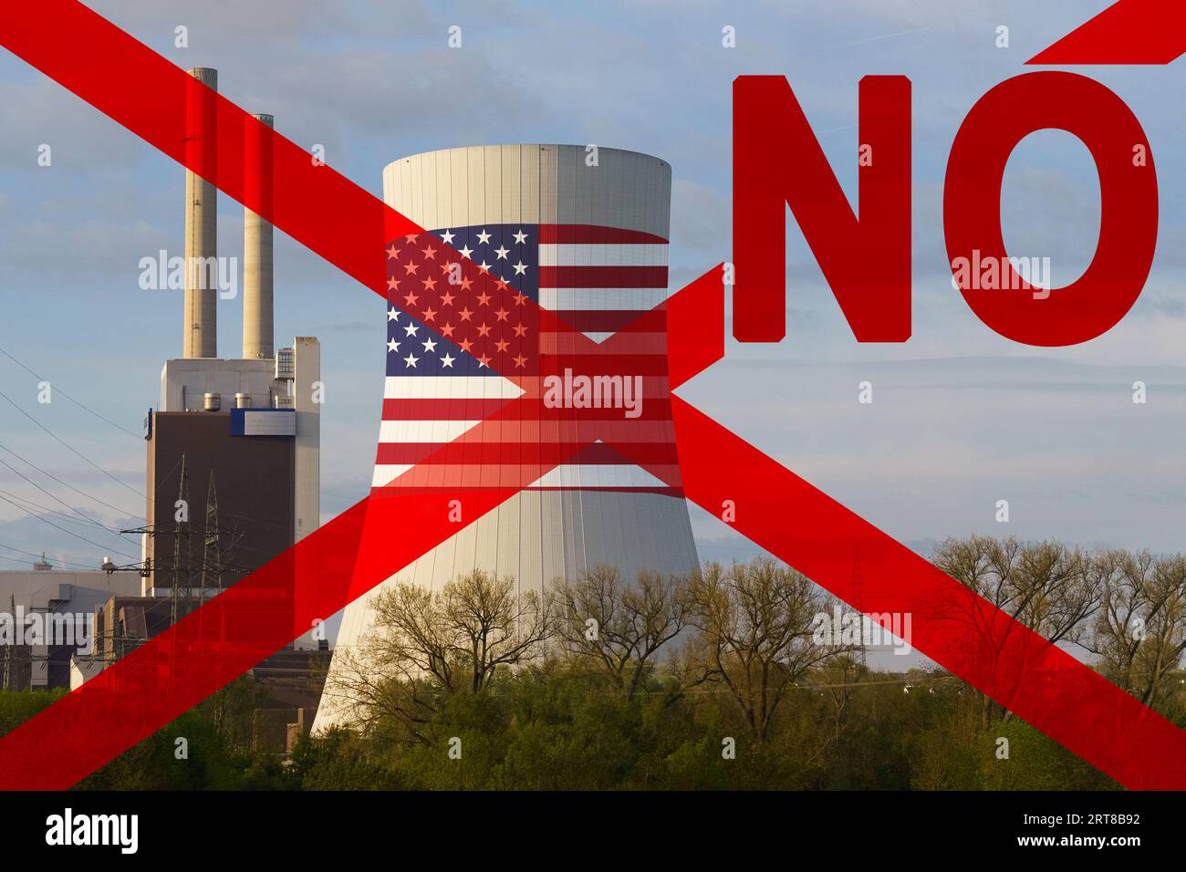 On the cooling tower of a nuclear power plant, the US flag is depicted ...