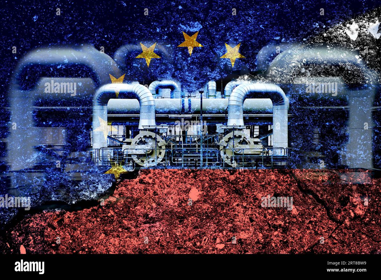 Graphic of flags of european union and russia around pipes of nord ...
