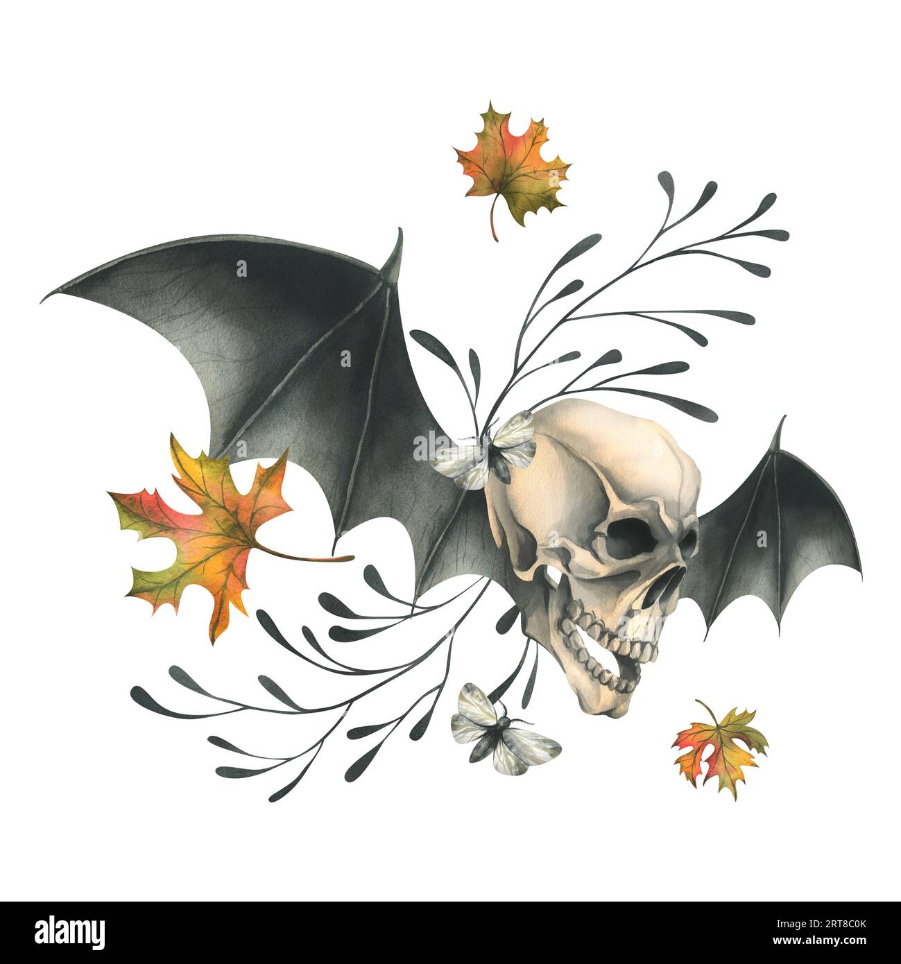 Human skull flying with bat wings, night moths and autumn maple leaves ...