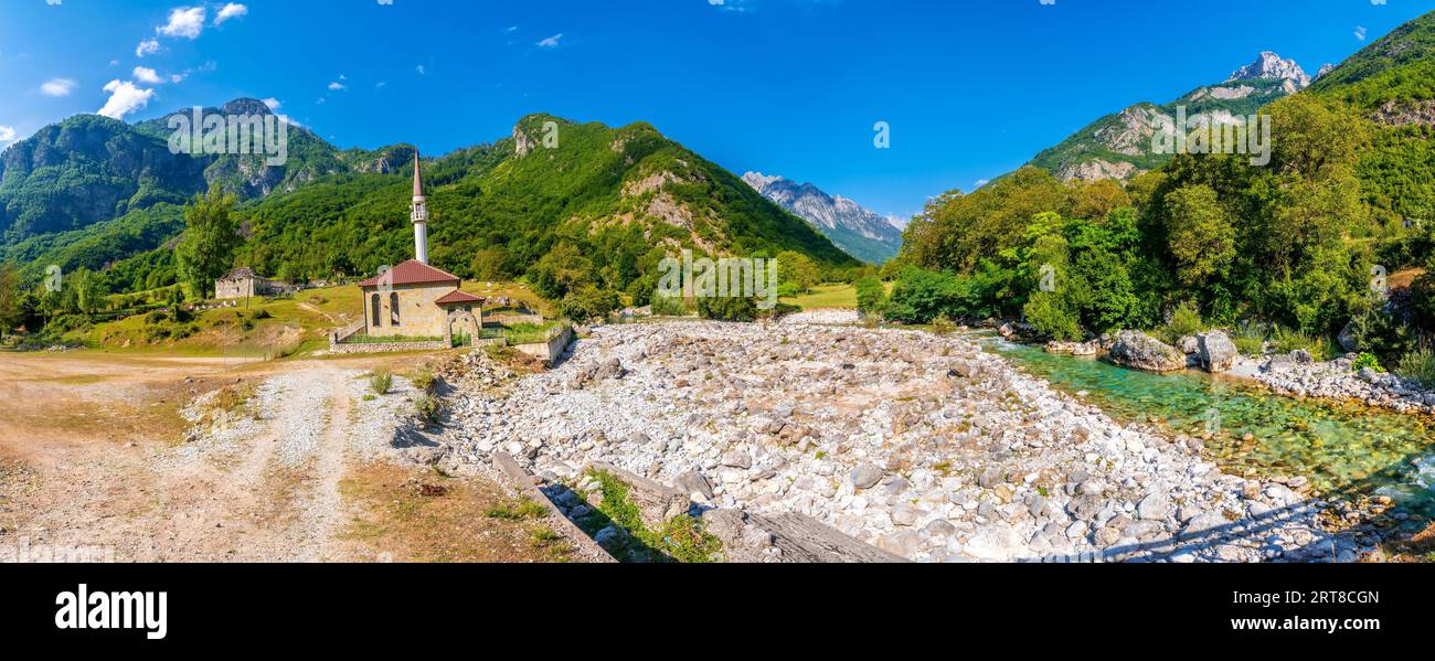 Panoramic on the small mosque in Dragobi in the Valbona valley, Theth ...