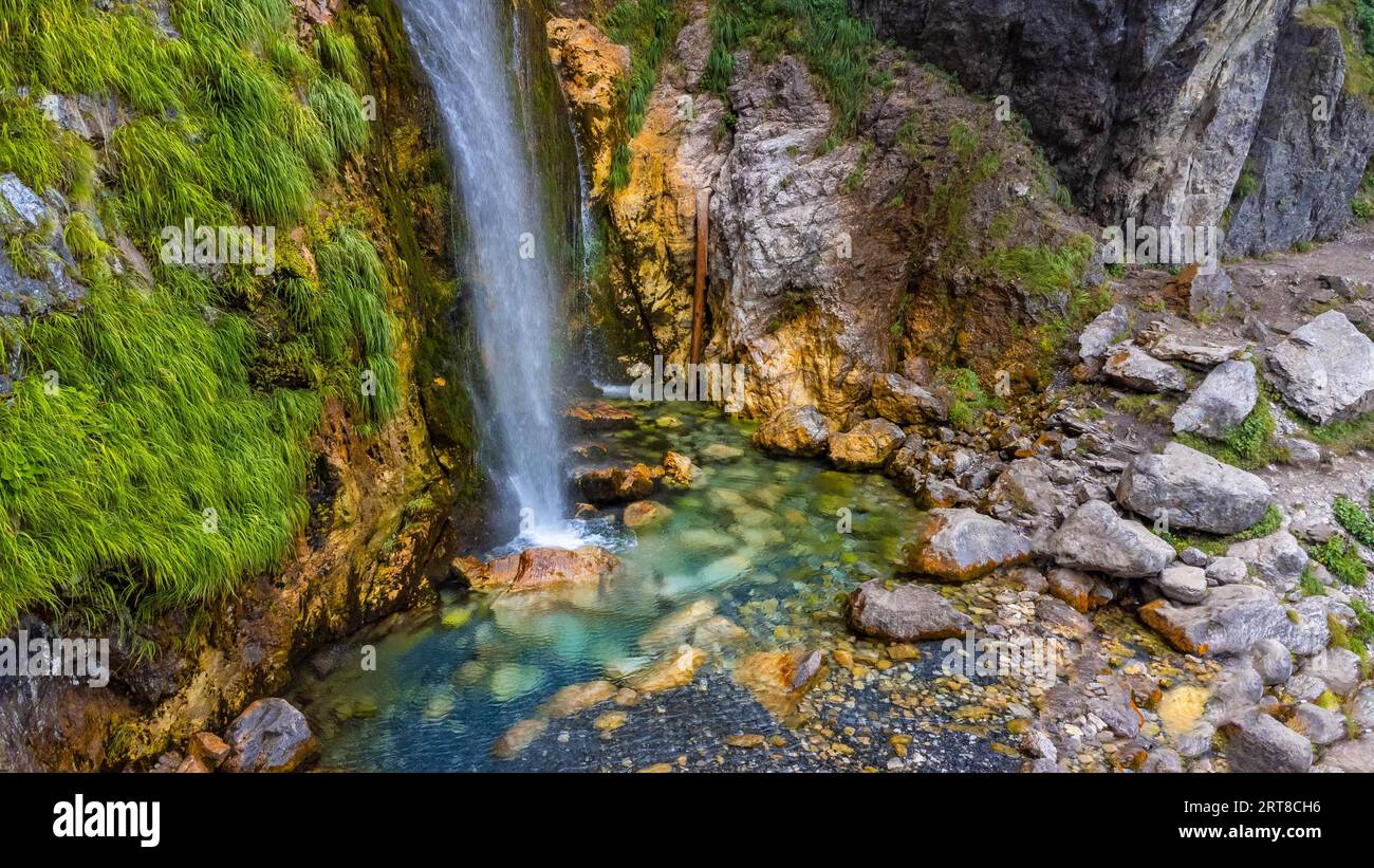 The Grunas waterfall in Theth National Park, Albania. Albanian alps ...