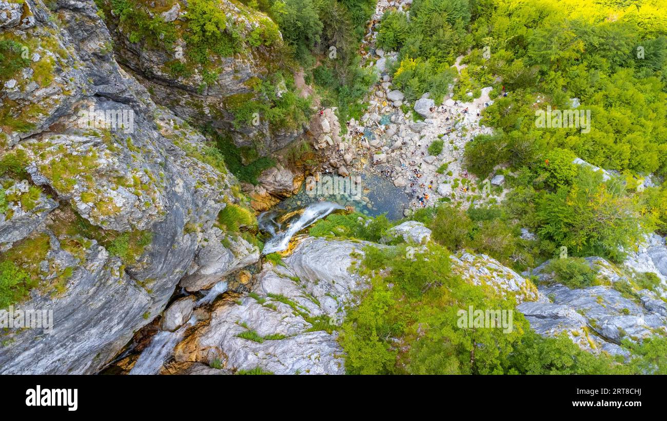 Aerial view of Grunas Waterfall in Theth National Park, Albania ...