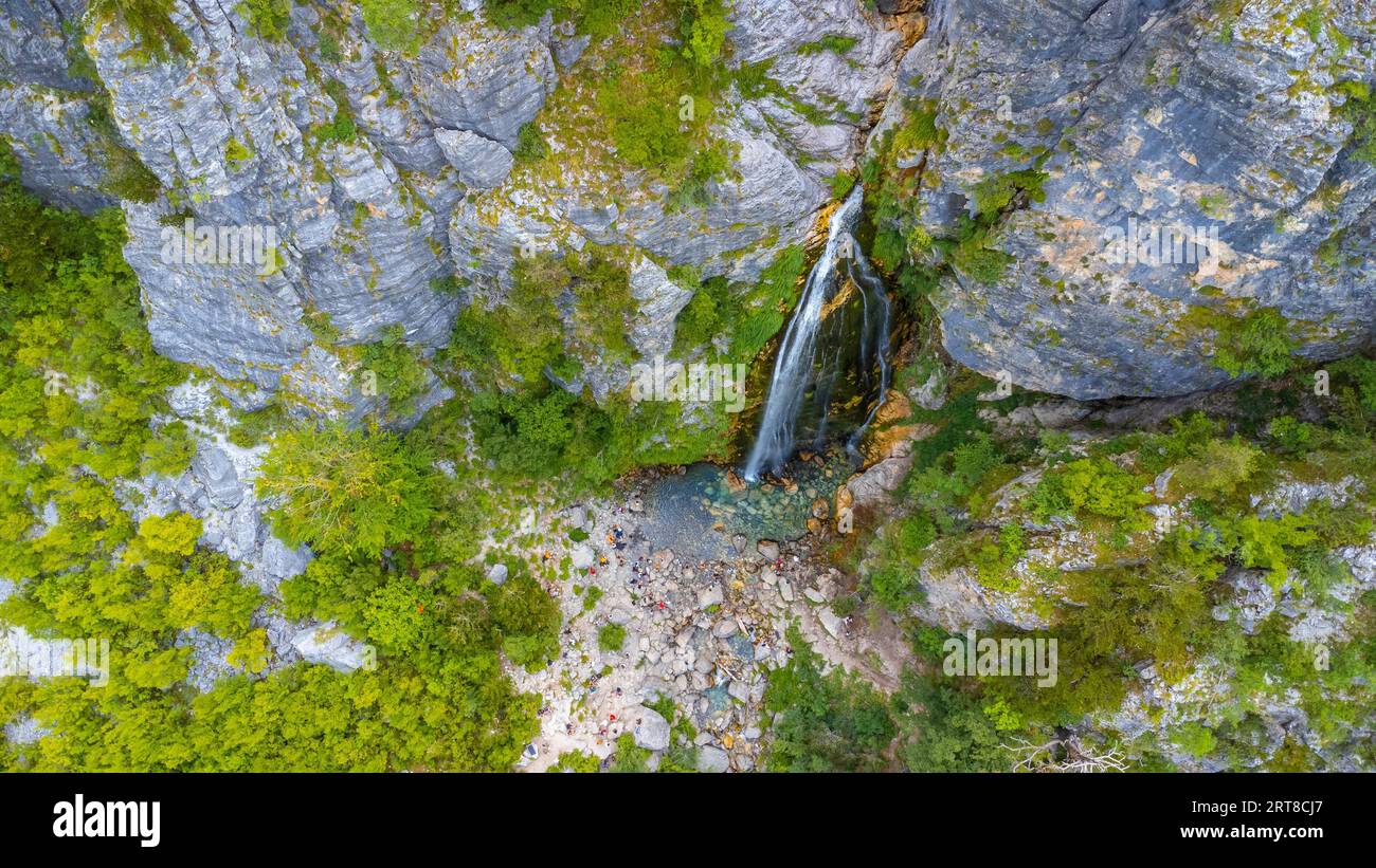 Aerial view of Grunas Waterfall in Theth National Park, Albania ...