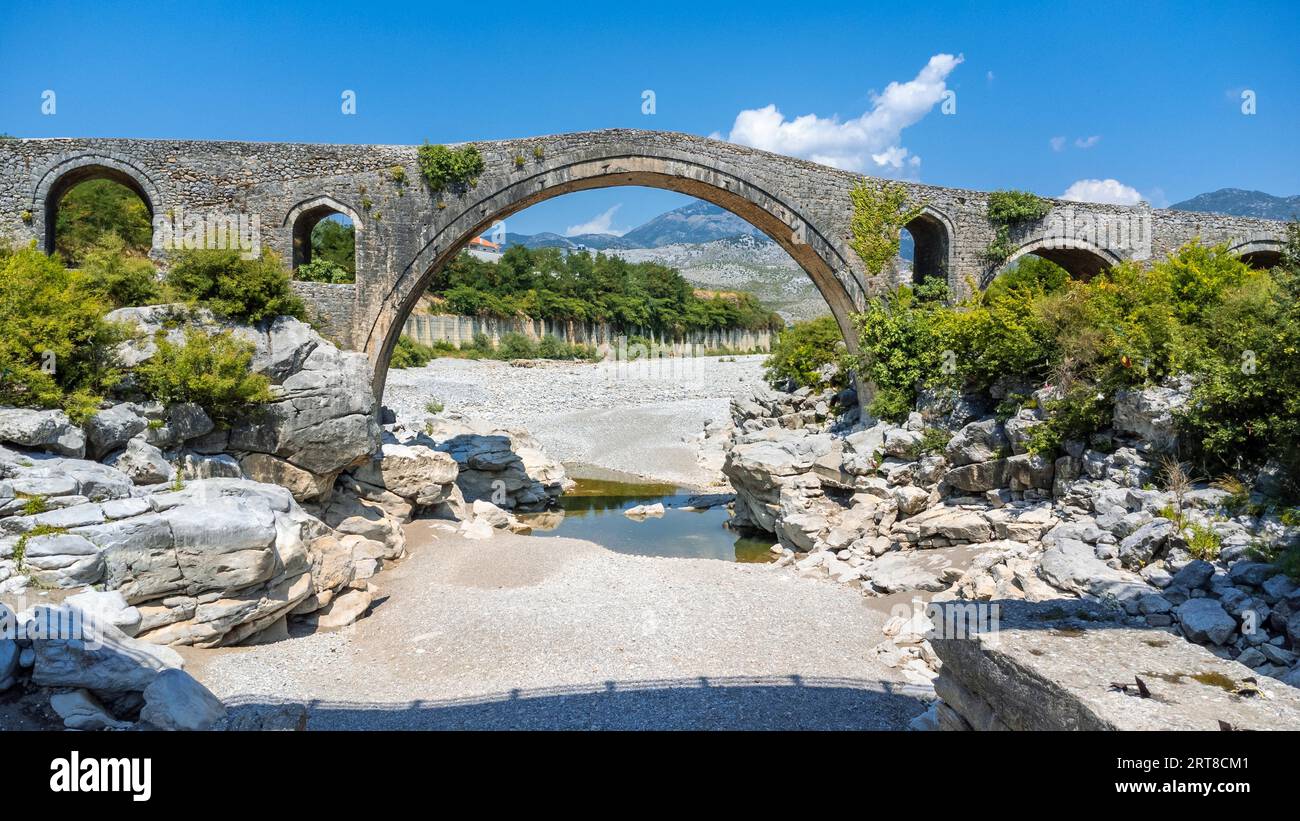 Aerial view of the Old Mes bridge near Shkoder from above. Albania ...