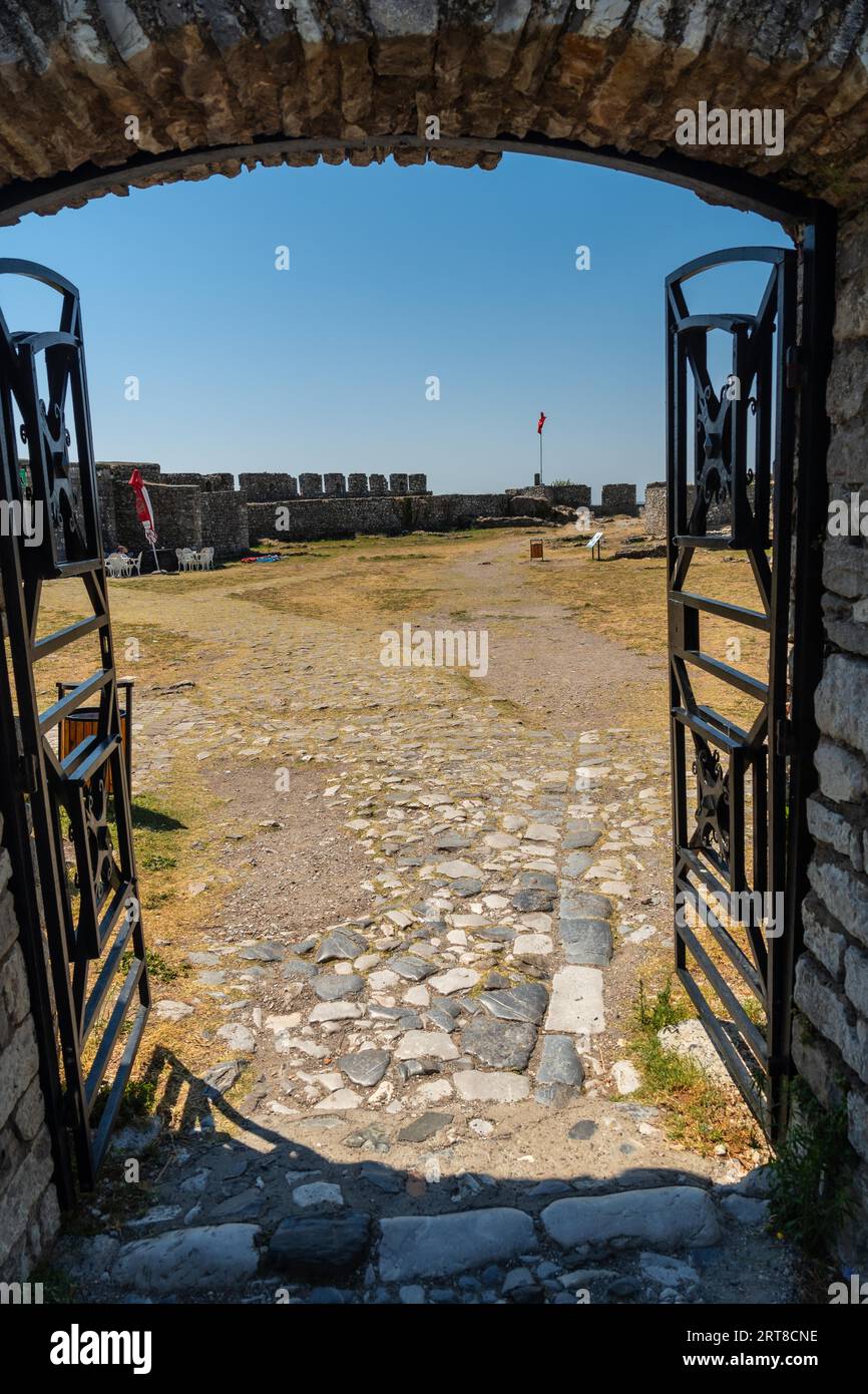 Gate in the walls of Rozafa Castle and its citadel in the city Shkoder ...