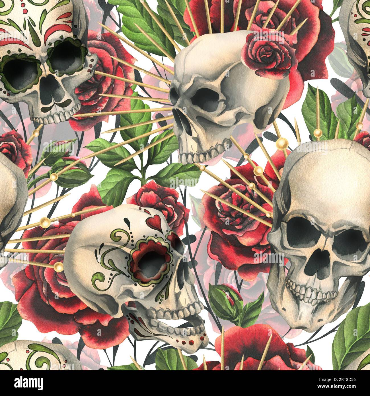 Human skulls with an ornament, red roses in a golden crown, branches ...