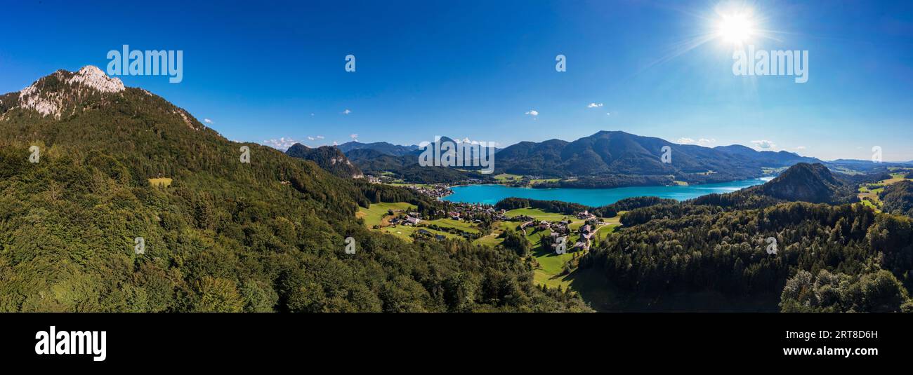 Drone shot, panorama shot, Fuschlsee, Fuschl am See, Alpine foothills ...