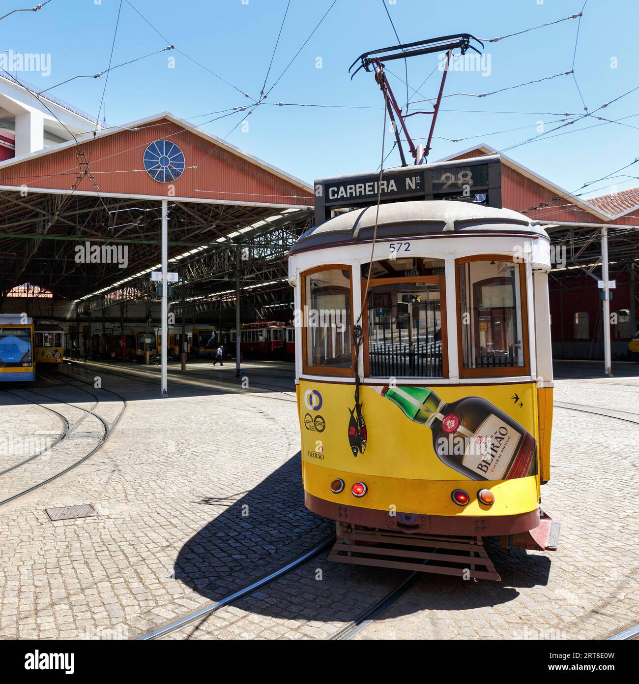 Historic yellow tram, Electrico, line 28 in front of tram depot and ...