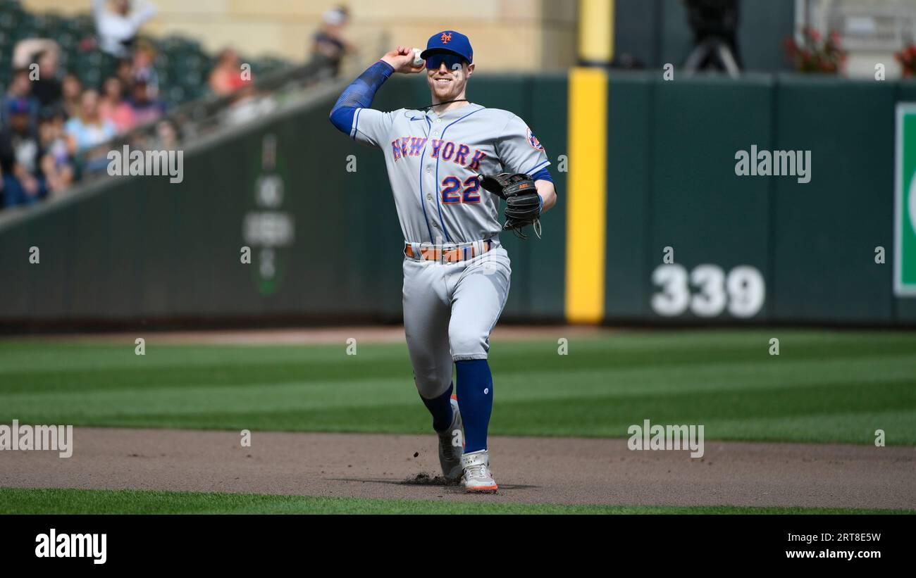 New York Mets third baseman Brett Baty throws to first to get Minnesota ...