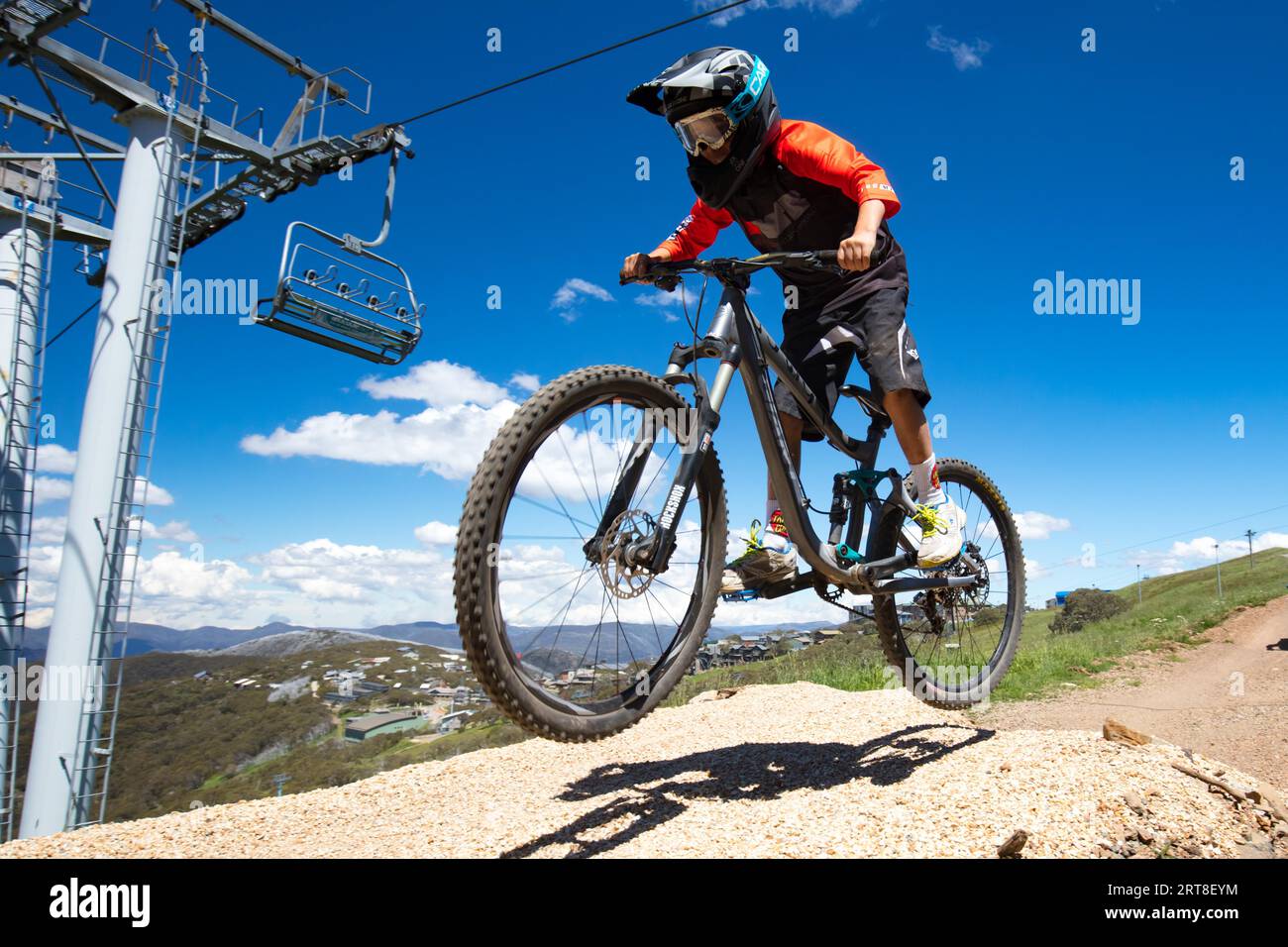 Mt Buller, Australia, January 2 2018: Downhill mountain bike riders ...