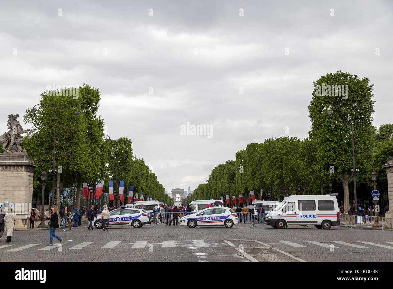 Paris, France, May 14, 2017: Police cars barricading the famous Champs ...