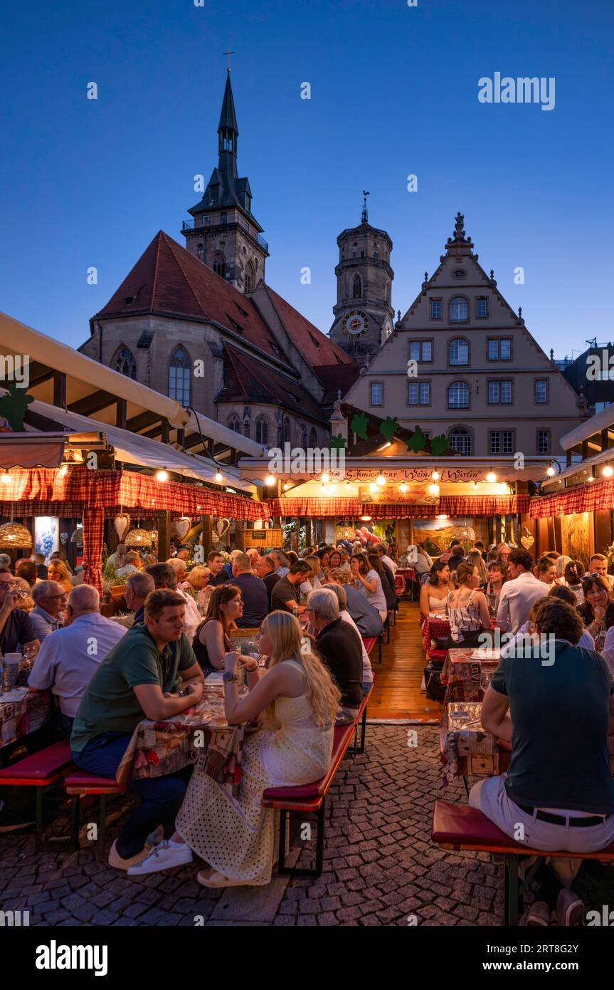 People sitting in wine arbours in the evening, Weindorf Stuttgart ...