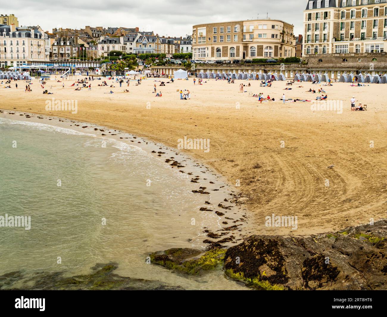 Stunning view of Dinard beach with historical villas and traditional ...