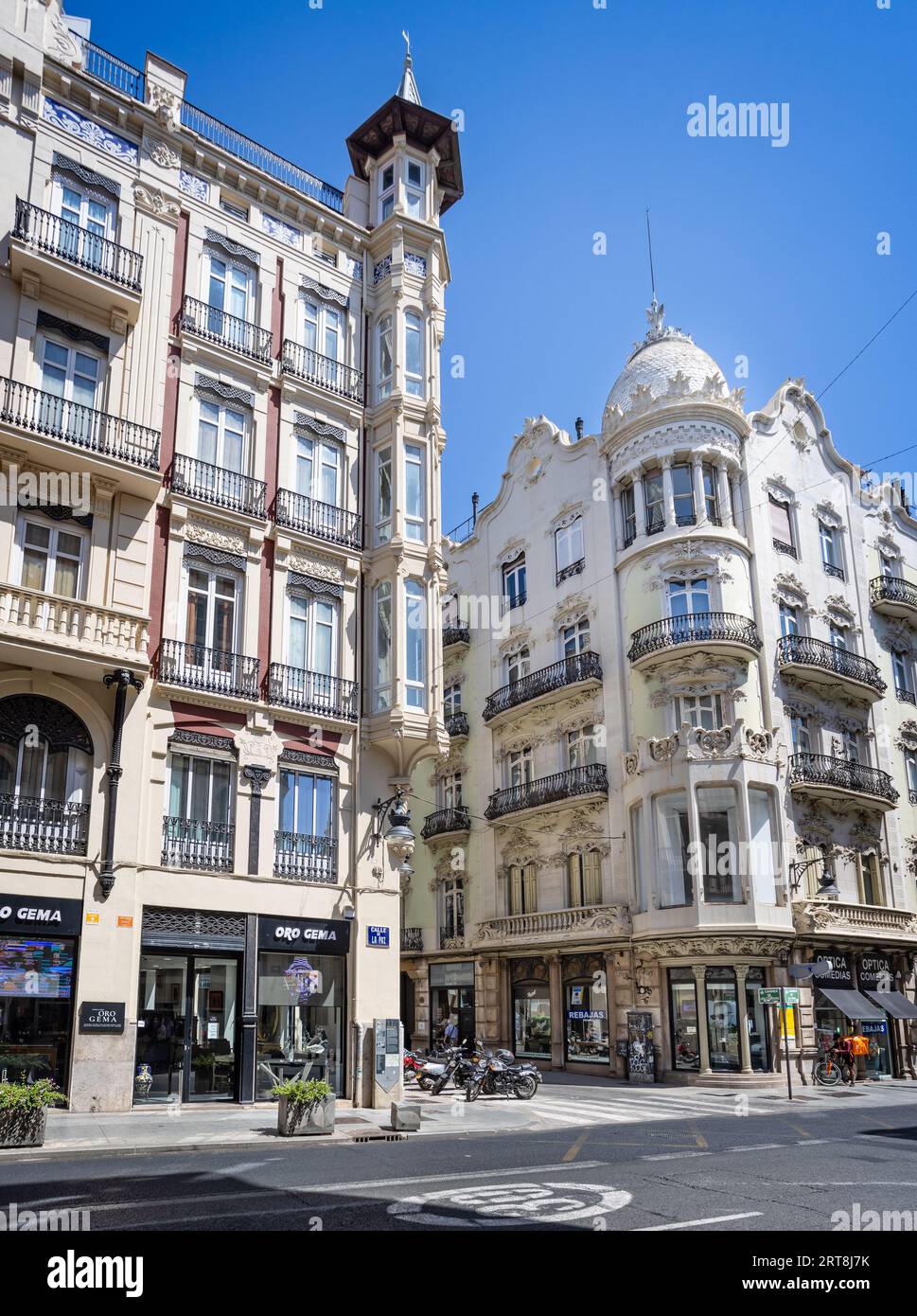 Ornate baroque style buildings on Calle de la Paz in Valencia, Spain on ...