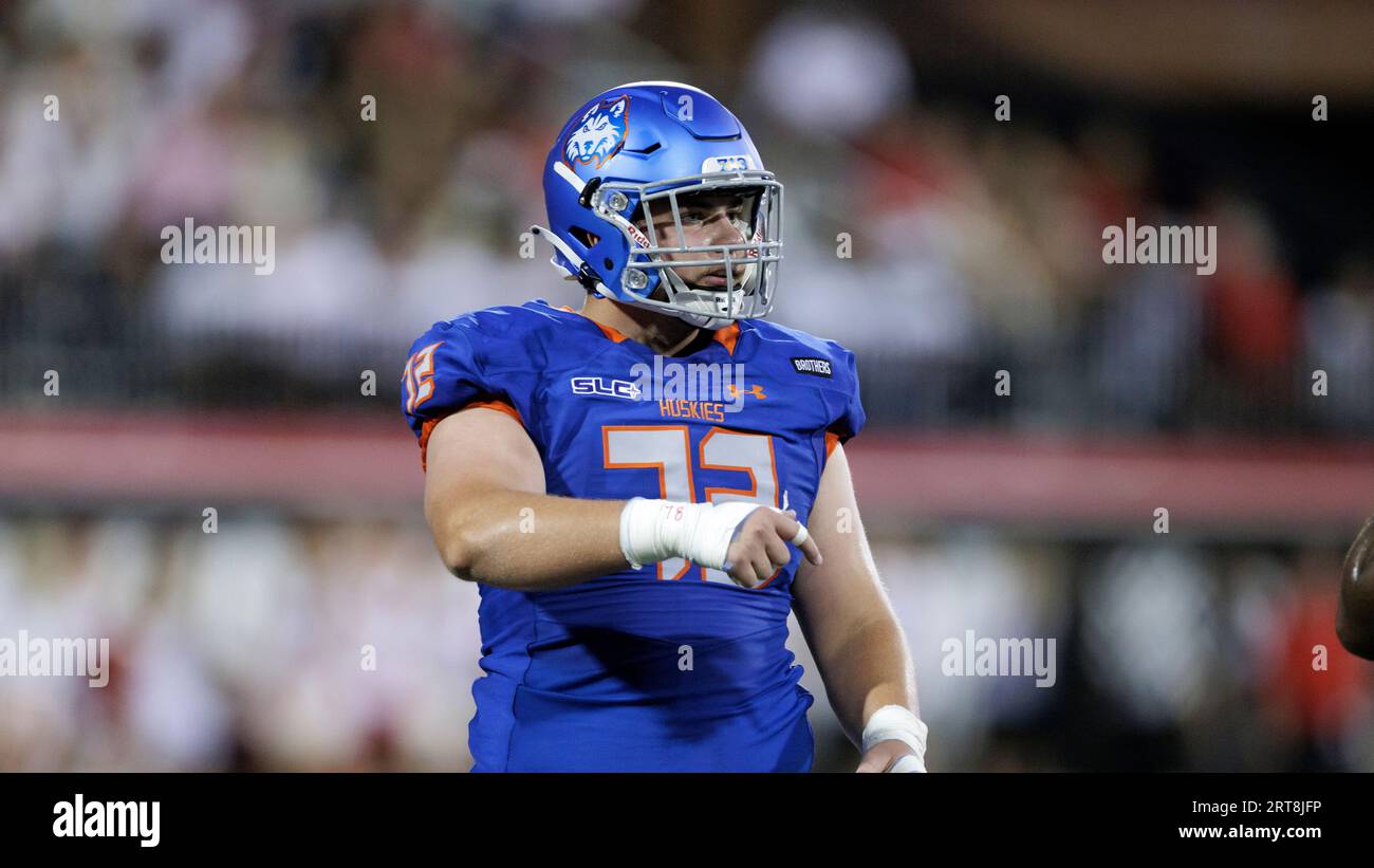 Houston Christian offensive lineman Nolan Hay (72) gets a signal from ...