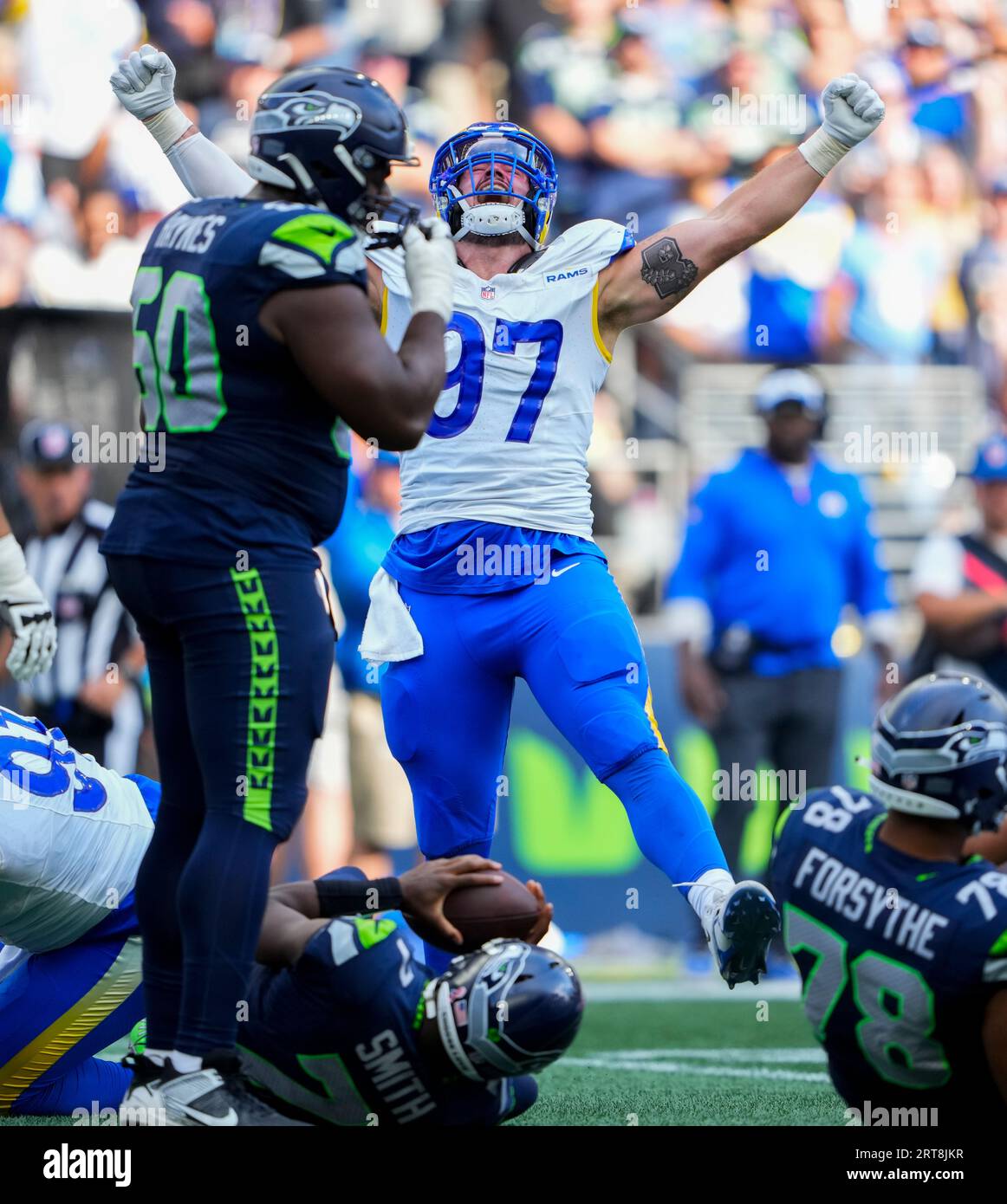 Los Angeles Rams linebacker Michael Hoecht (97) celebrates a sack ...