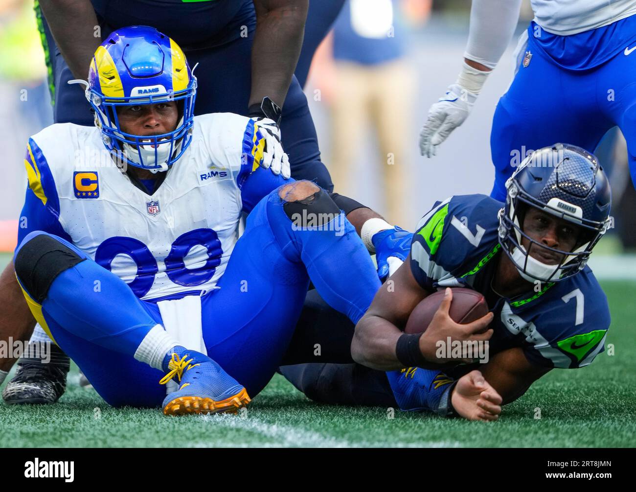 Los Angeles Rams defensive tackle Aaron Donald (99) looks on after ...