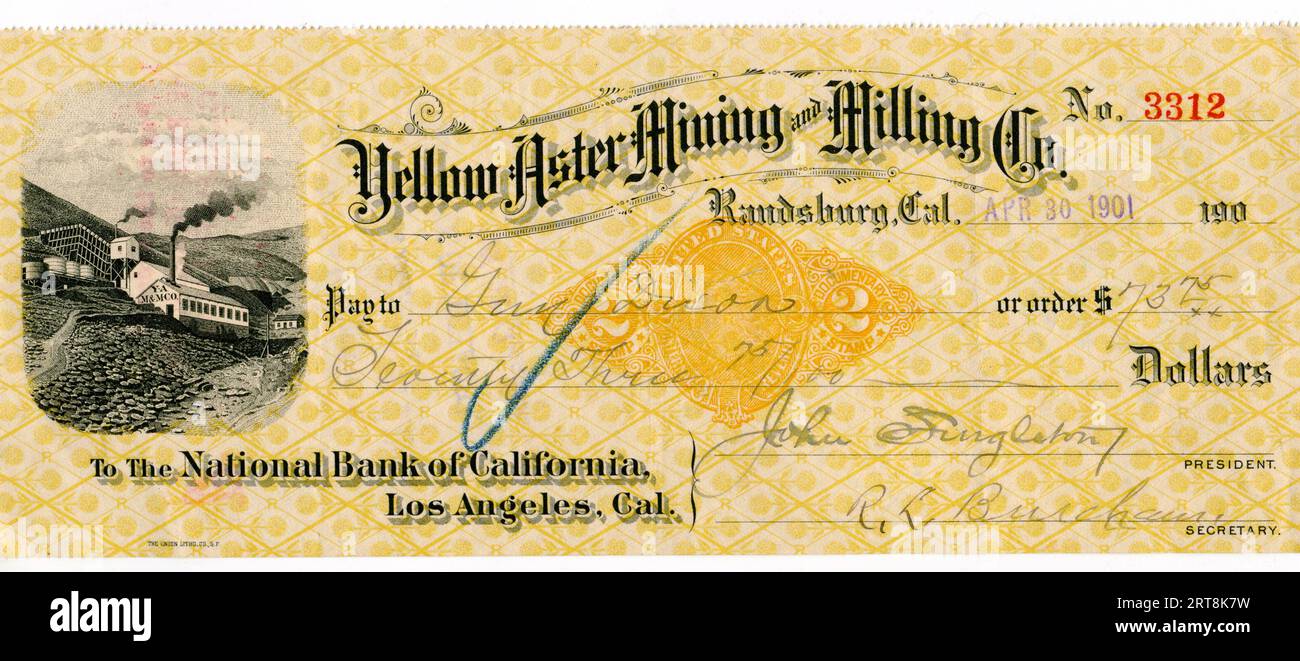 A 1901 check drafted by the Yellow Aster Mining and Milling Company in ...