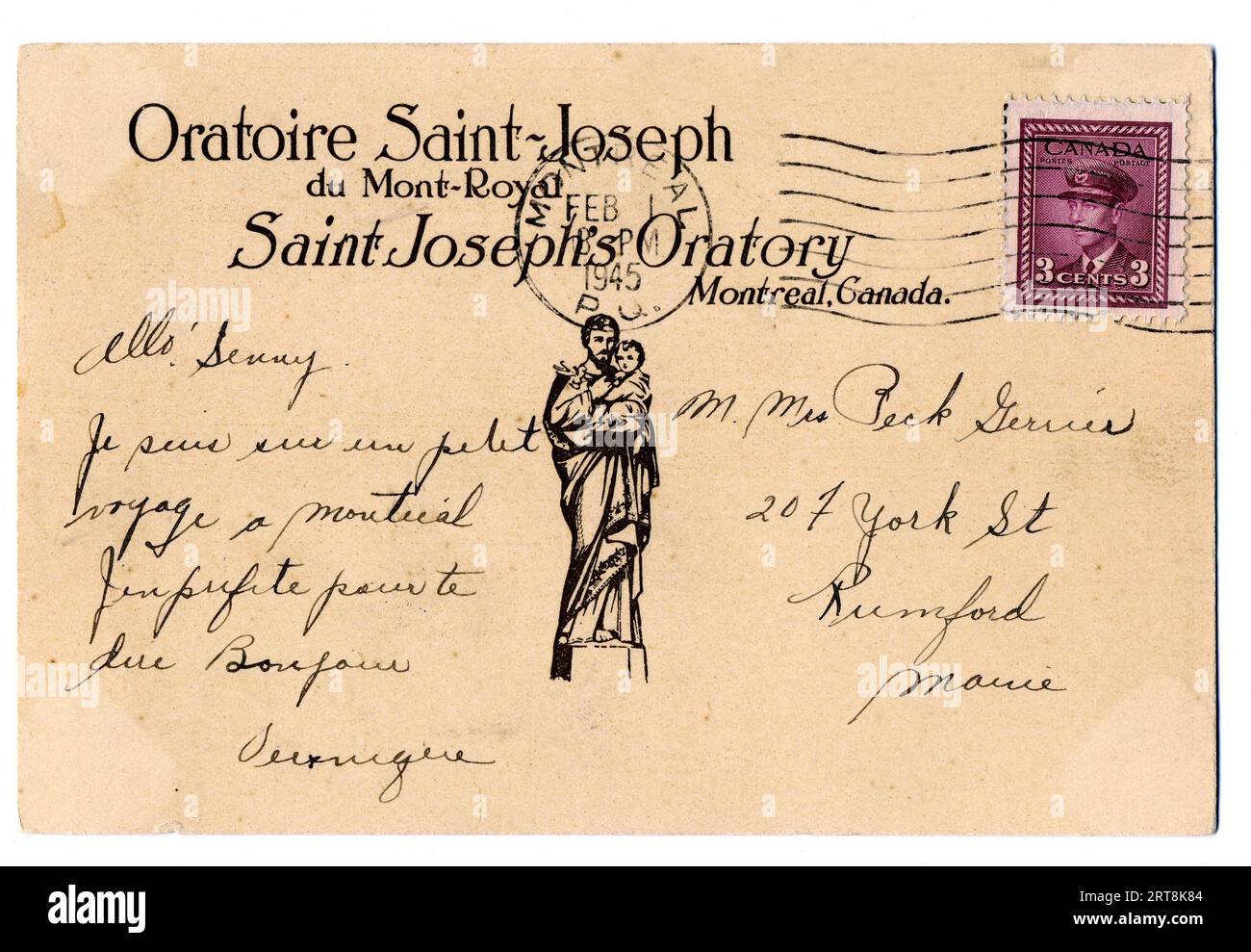 A 1945 postcard, written in French, sent from Montreal, Canada to a ...