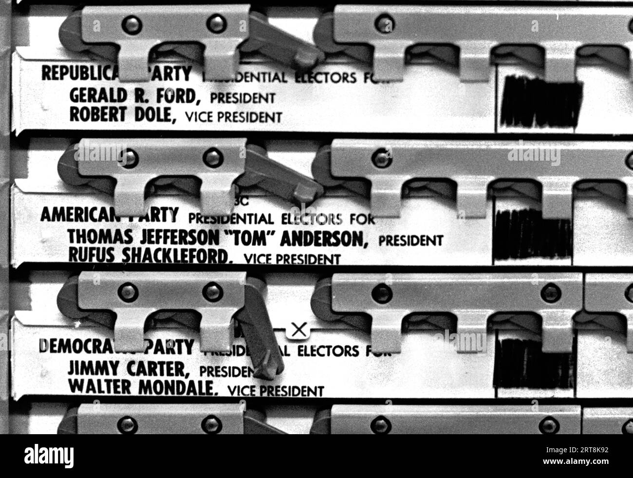 A voting machine used in the 1976 Presidential election shows a vote ...