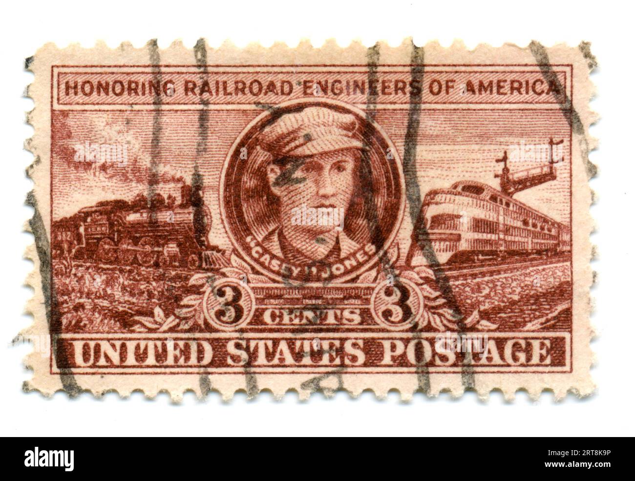 A cancelled U.S. postage stamp honoring railroad engineers of America ...
