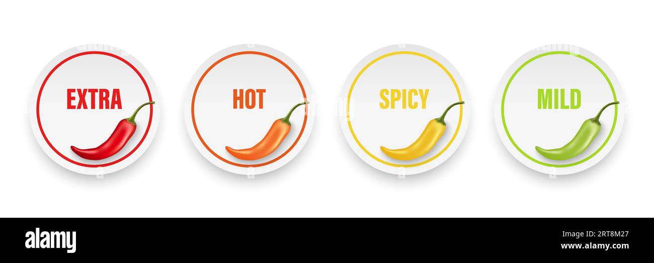 Realistic Vector Round Stickers with Spicy Chili Pepper Levels. Red ...