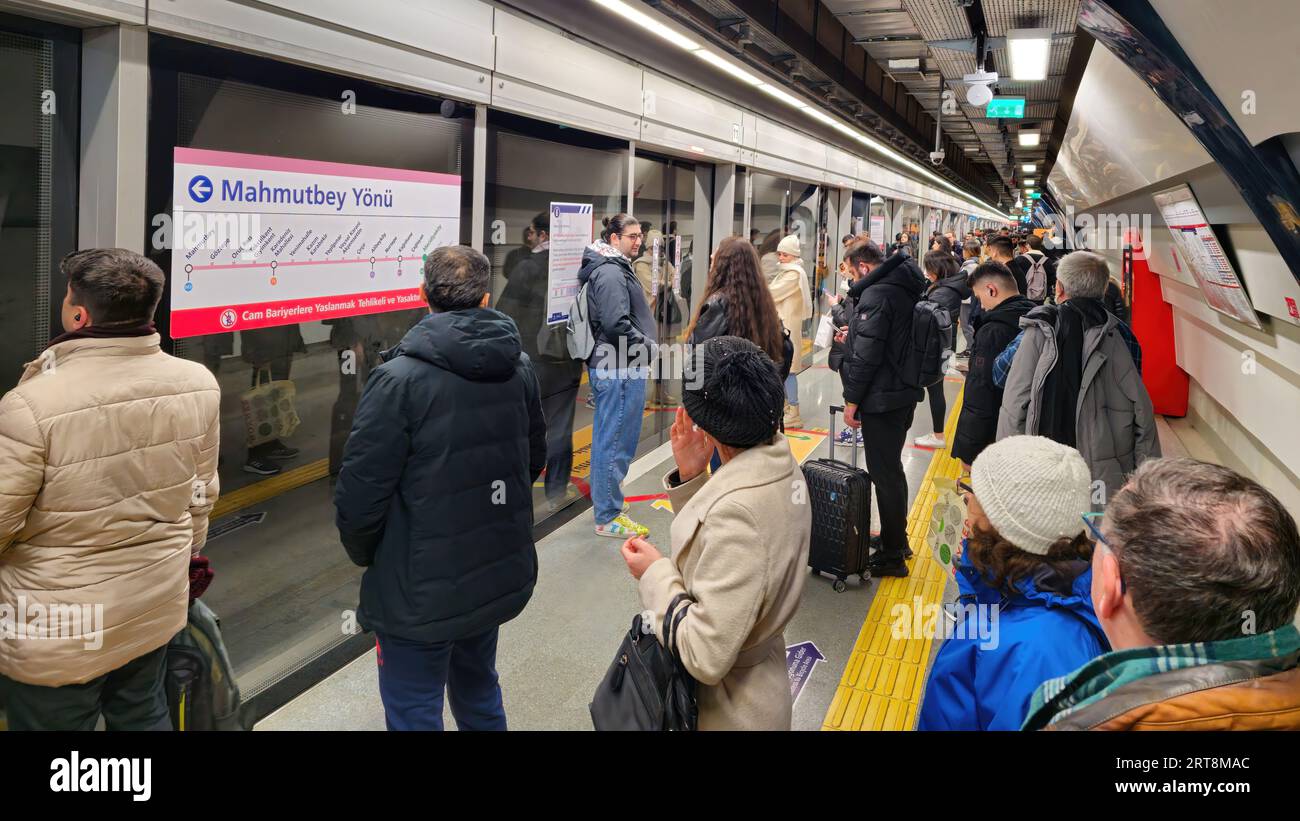 Istanbul, Turkey - 19 March 2023: Commuters waiting in line for the ...