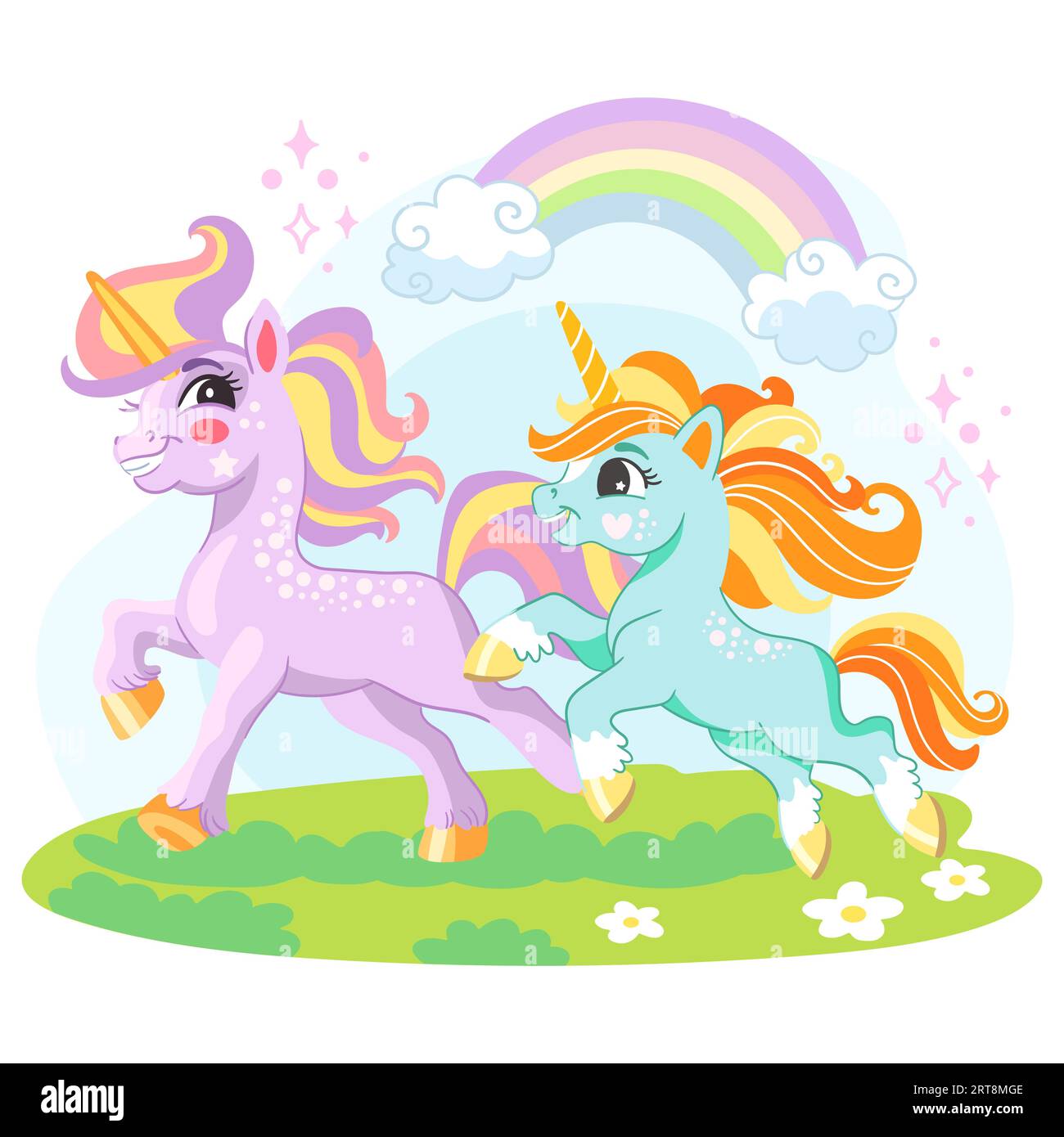 Cute unicorn friends running through a flower meadow. Vector ...
