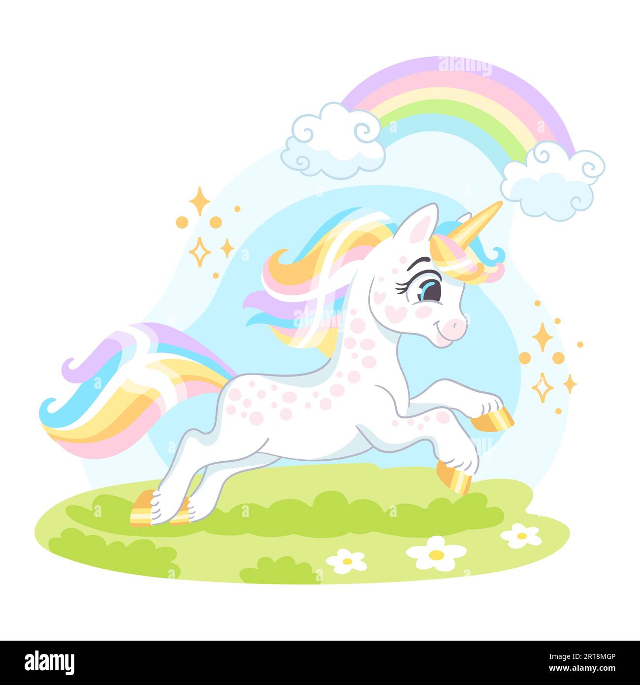 Cute unicorn running through a flower meadow. Vector illustration ...