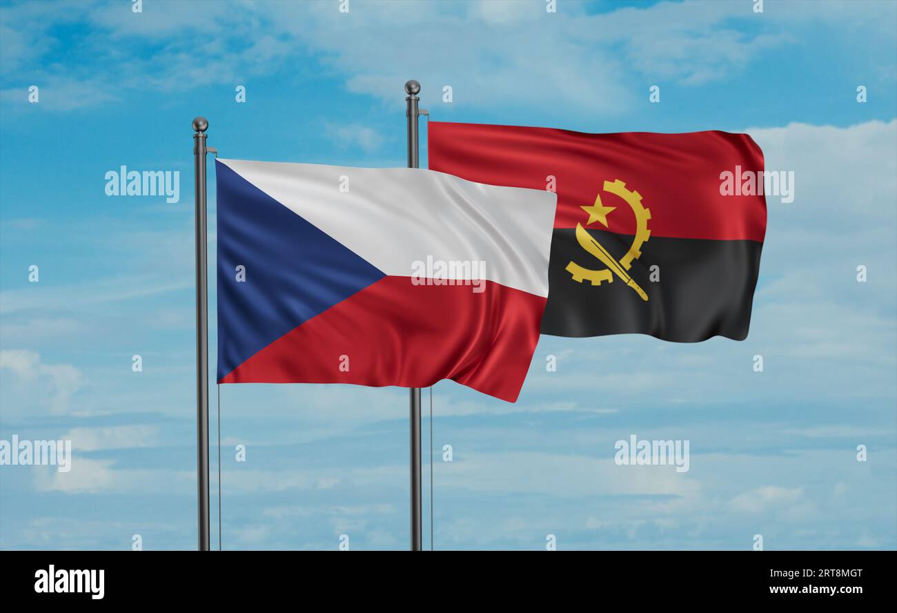 Czech Republic flag and Angola flag waving together in the wind on blue ...