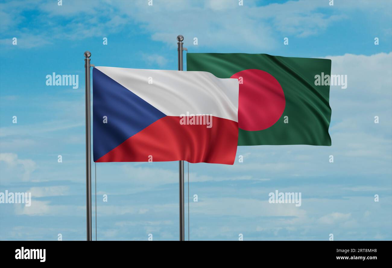 Bangladesh flag and Czech Republic flag waving together on blue sky ...