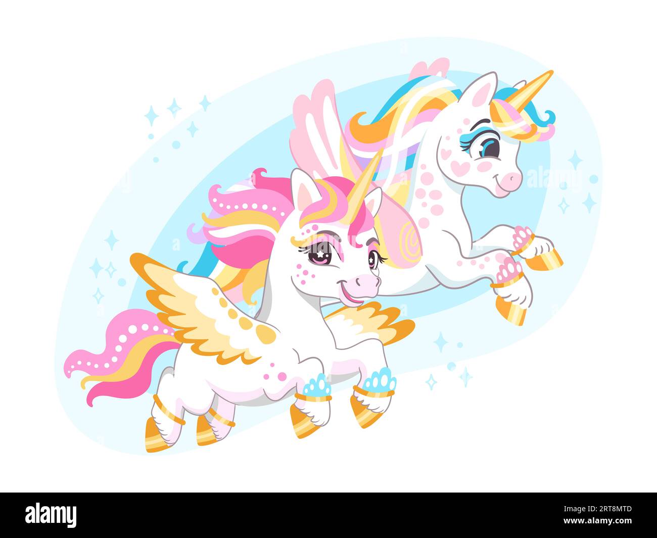 Two cute cartoon character unicorns flying it the sky. Vector ...