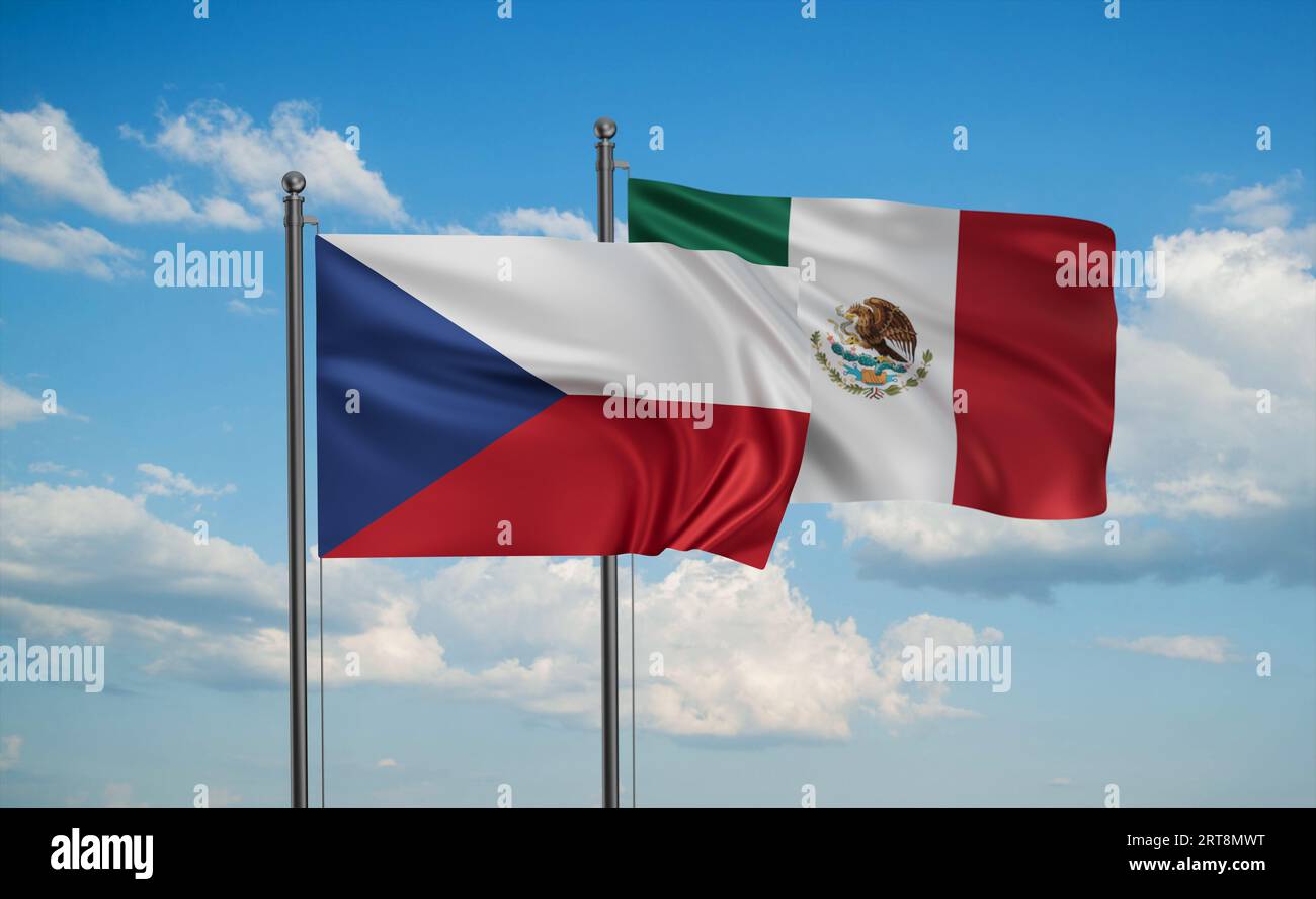 Mexico flag and Czech Republic flag waving together on blue sky, two ...