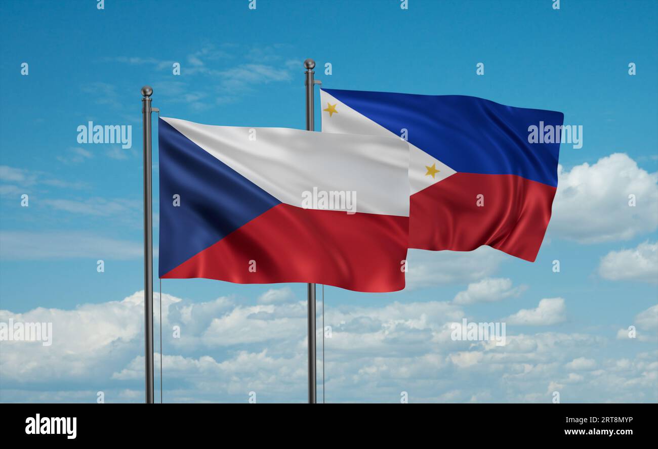 Philippines and Czech Republic flag waving together in the wind on blue ...