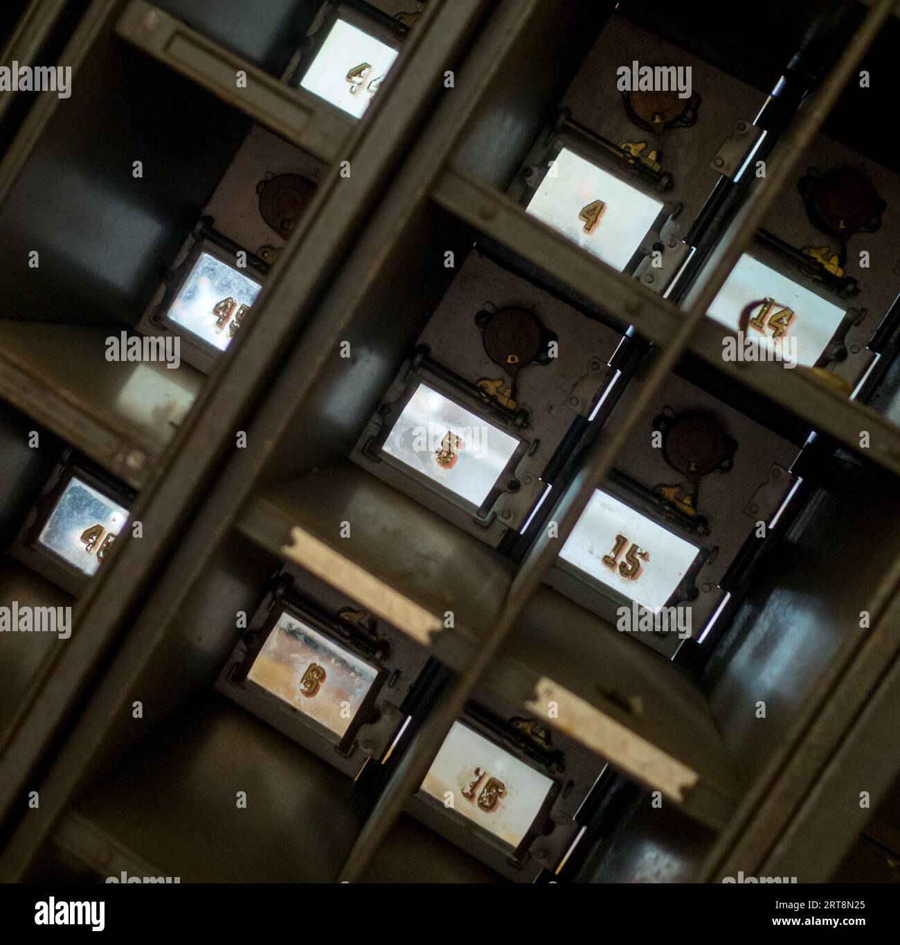 Post office boxes inside an abandoned building Stock Photo - Alamy