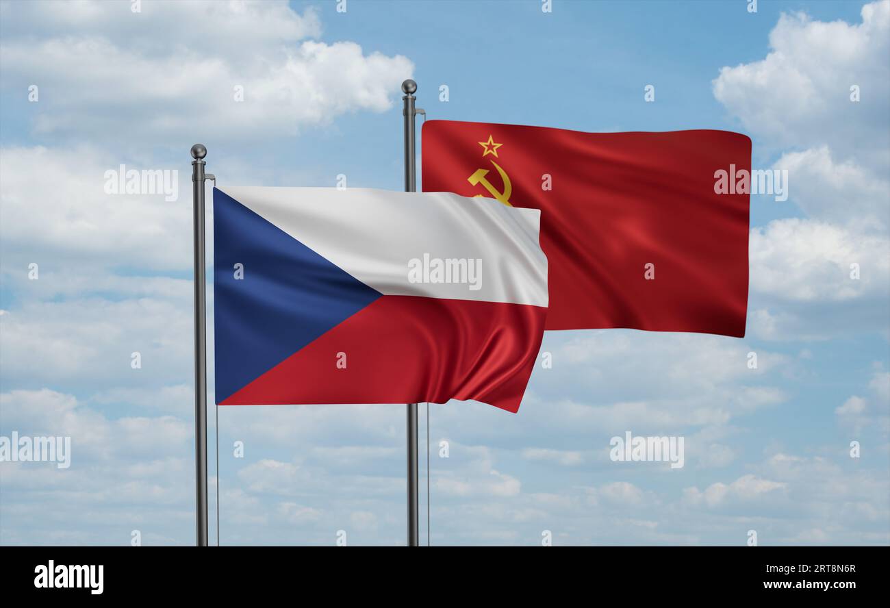Soviet Union or USSR and Czech Republic flag waving together in the ...