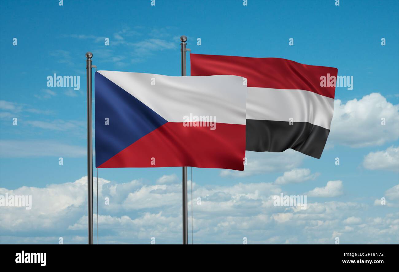 Yemen and Czech Republic flag waving together in the wind on blue sky ...