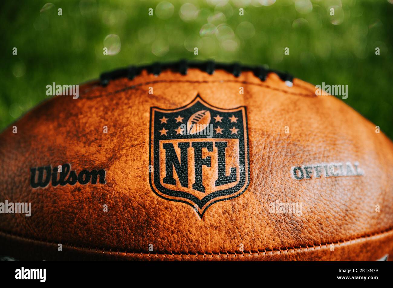NEW YORK, USA, SEPTEMBER 11, 2023: NFL logo on leather ball. Official ...