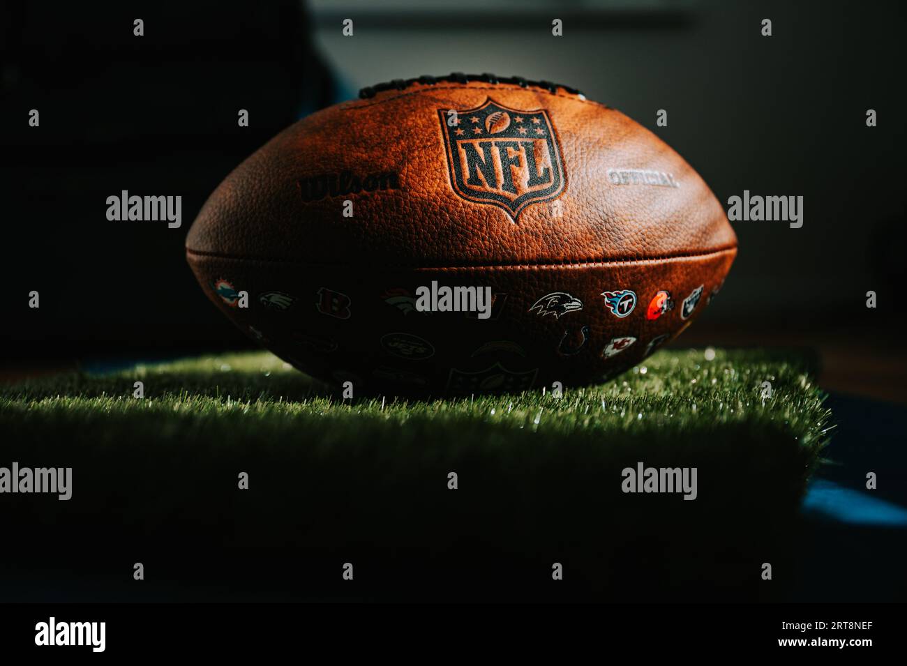 NEW YORK, USA, SEPTEMBER 11, 2023: NFL's Trademark: Leather Ball and ...