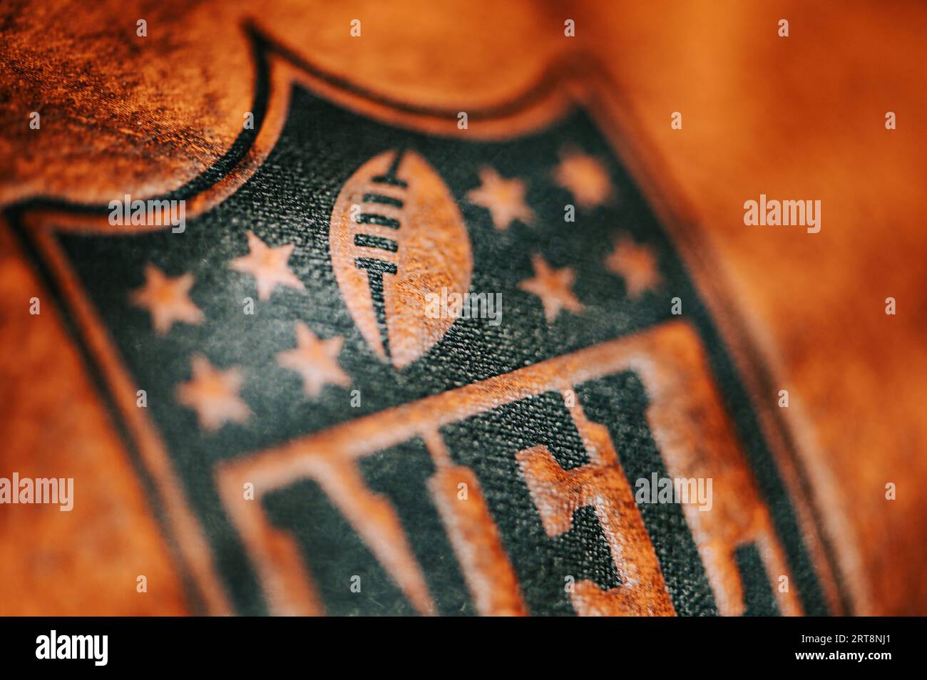 NEW YORK, USA, SEPTEMBER 11, 2023: Macro Shot of the NFL Football Logo ...