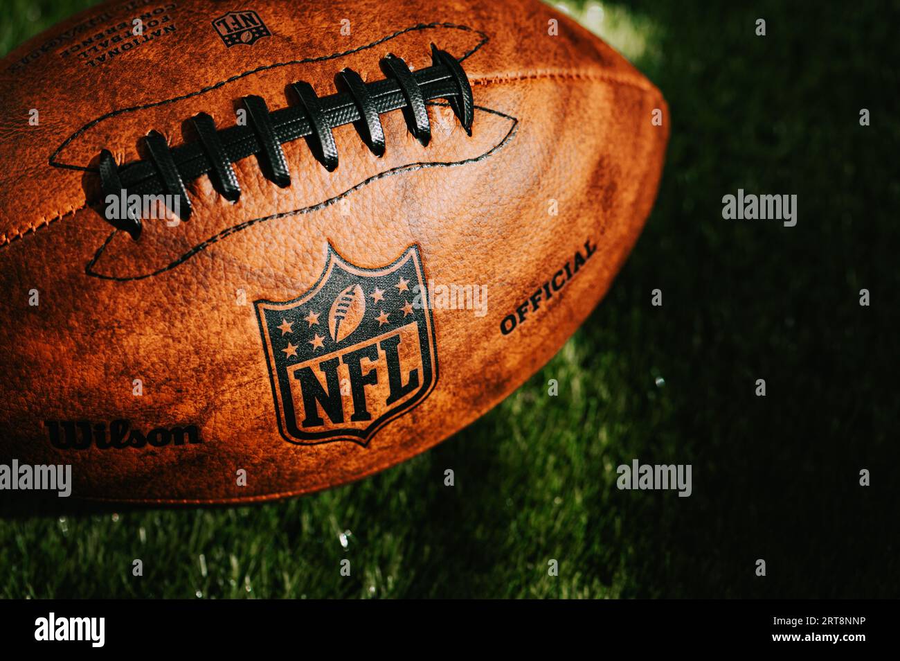 NEW YORK, USA, SEPTEMBER 11, 2023: NFL background photo. Ball placed on ...