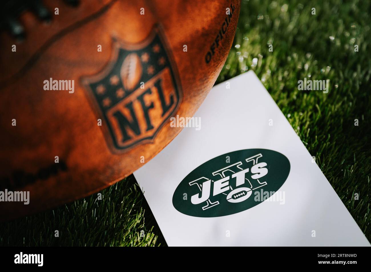 NEW YORK, USA, SEPTEMBER 11, 2023: New York Jets logo on the ground and ...