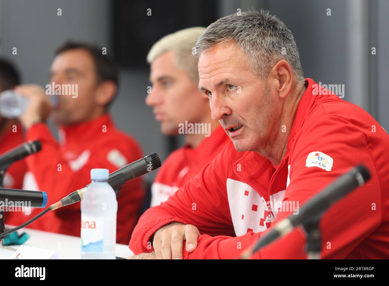 Split, Croatia. 11th Sep, 2023. Captain of Croatia Vedran Martic speaks ...
