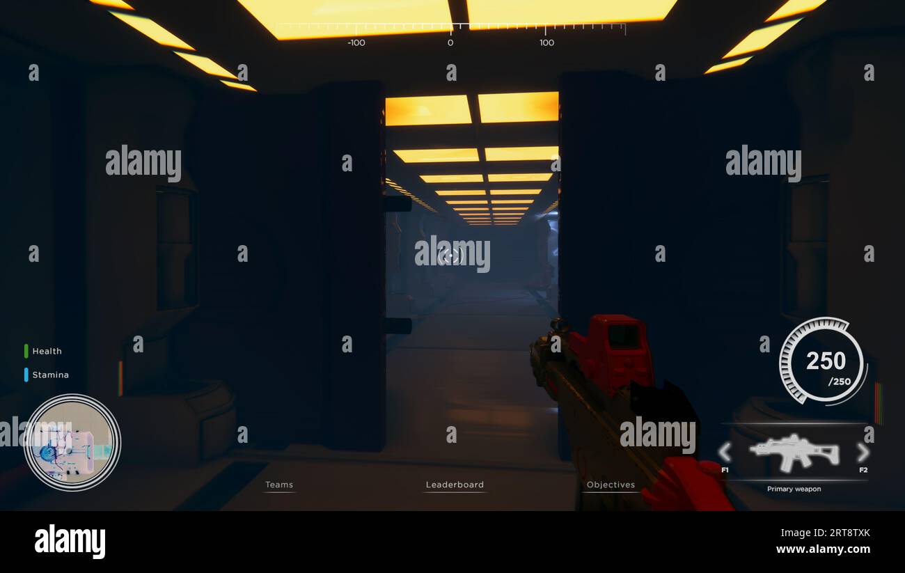 First person shooter videogame in dark atmospheric industrial setting ...