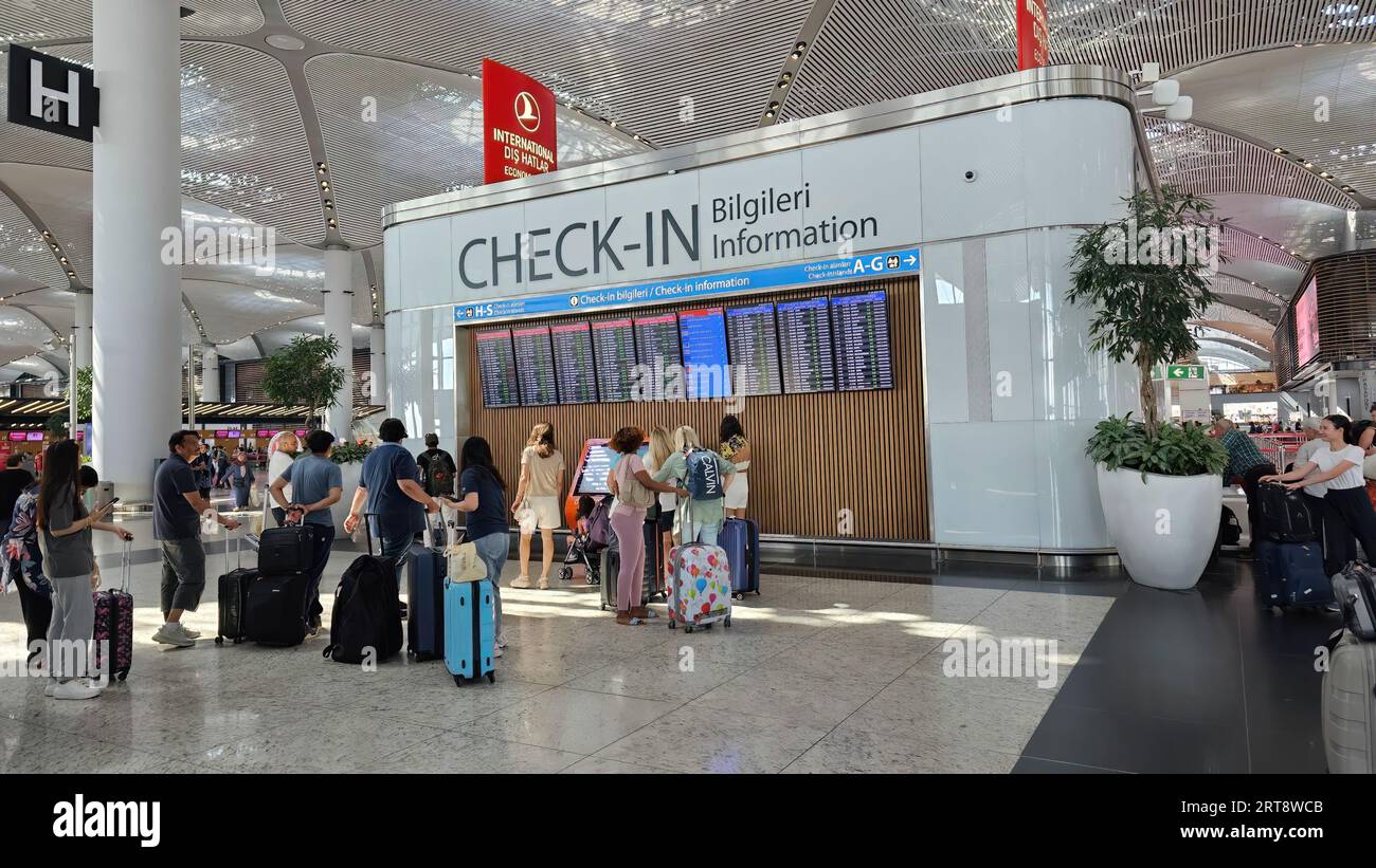 Istanbul, Turkey - 27 July 2023: People looking at the check-in ...