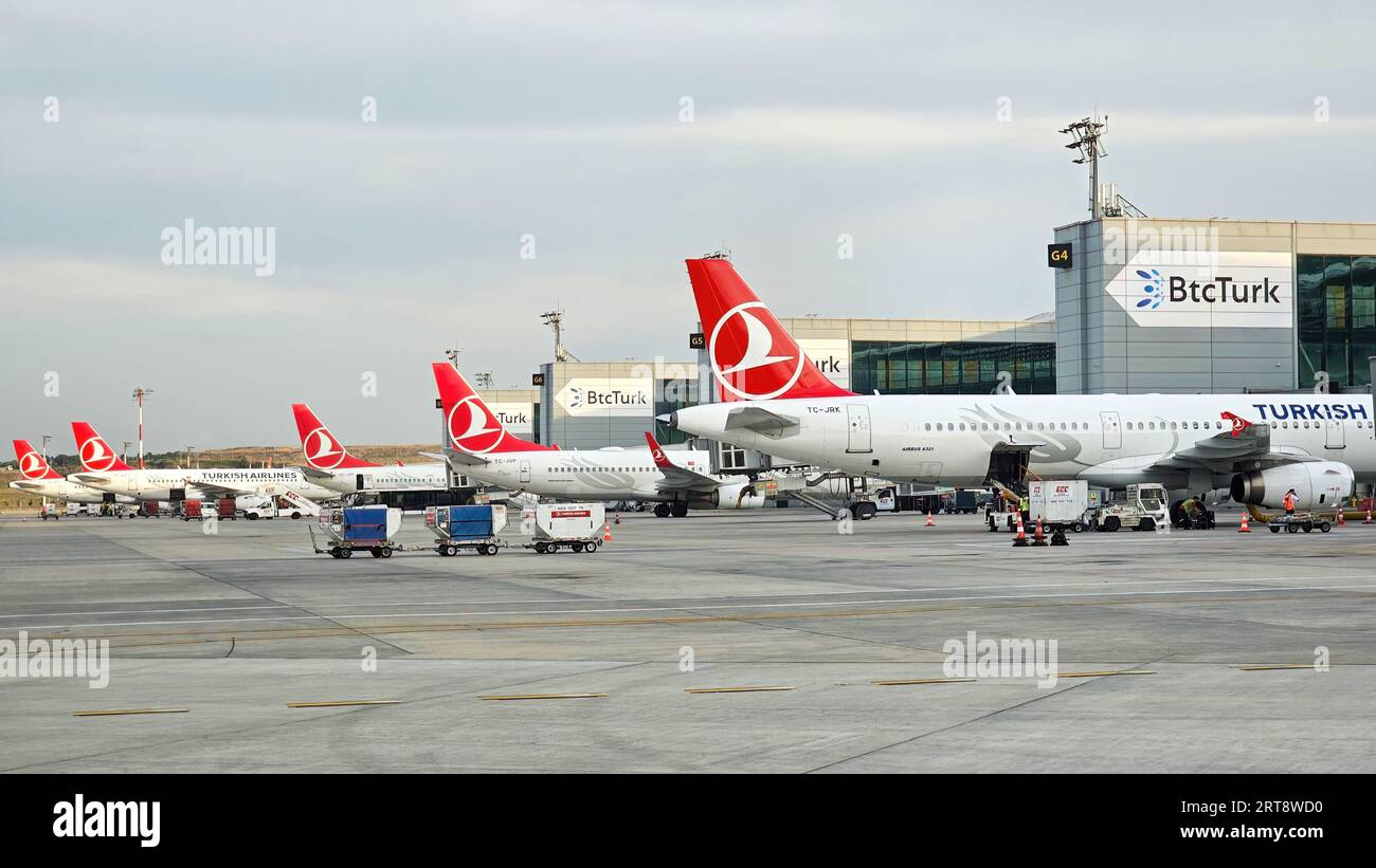 Istanbul, Turkey - 7 July 2023: Several Turkish Airlines planes parked at the Istanbul airport ...